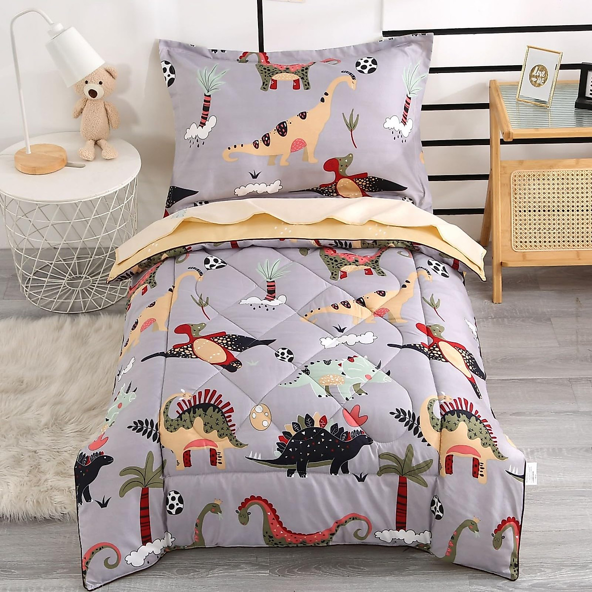 Wowelife Dinosaur Toddler Bedding Sets for Boys Grey Toddler Bed Sheets Sets Kids Toddler Comforter Set Soft Breathable with Quilted Comforter, Flat Sheet, Fitted Sheet and Pillowcase