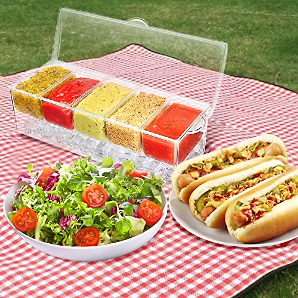 [Stainless Steel] 5 Spoons, 5 Forks and 1 Clip, Condiment Tray, Condiment Server, Caddy, Bar Garnish Holder on ice,Bar Accessories Fruit and Salad with Removable Trays with lid