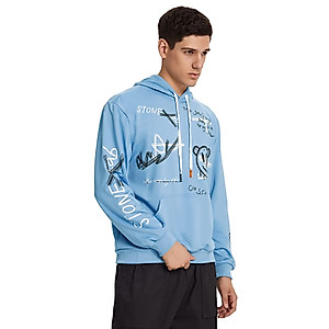 WDIRARA Men's Cartoon Letter Graphic Drawstring Hoodie Long Sleeve Pocket Sweatshirts Blue L
