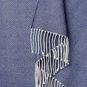 Herringbone Blanket - Chevron Pattern - Turkish Boho Chic - Soft Woven Throw Blanket with Decorative Fringe - Lightweight for Bed, Sofa, Chair, Office, Outdoor - 50 x 60 in. (Navy Blue)