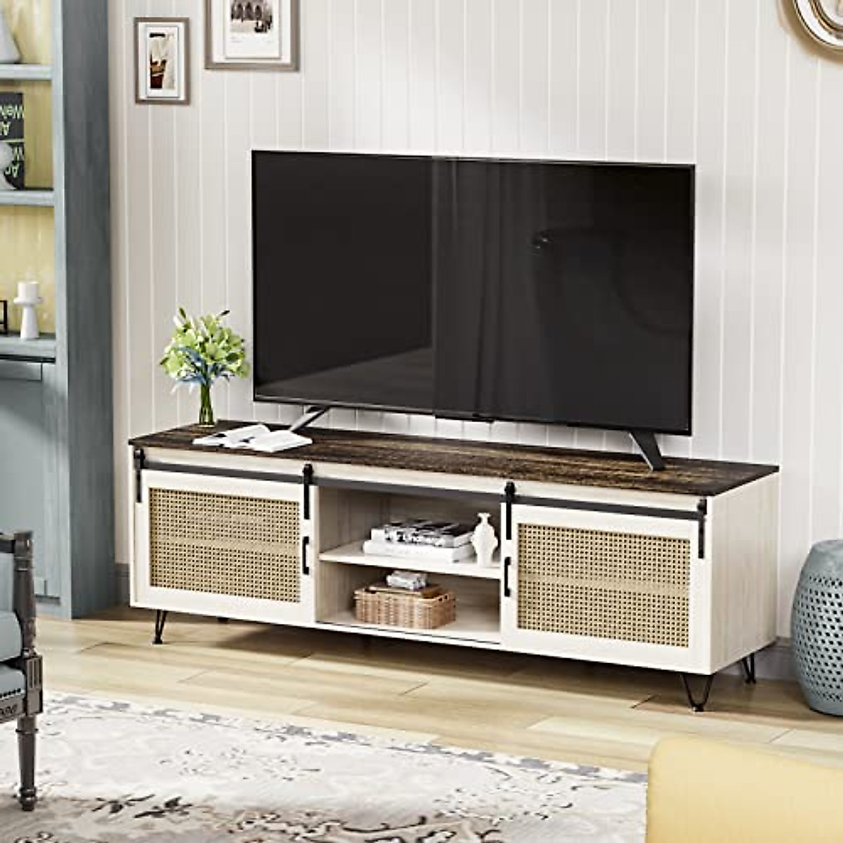 VINGLI Rattan TV Stand for TV's up to 75 Inch Farmhouse Boho Entertainment Center with Sliding Barn Door for Living Room, White, 70(W) x15.8(D) x23.6(H)