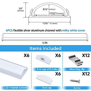 Muzata 6Pack 3.3FT/1M Bendable Silver LED Channel U Shape Aluminum LED Diffuser Channel with Milky White Cover U106 WW 1M
