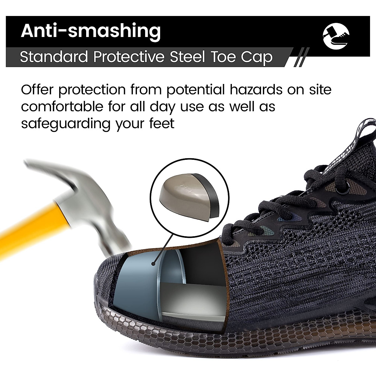 DINGGU Steel Toe Shoes for Men Lightweight Safety Indestructible Work Shoes Comfortable Breathable Non-Slip Slip on Composite Toe Sneakers for Industrial Construction Black 12