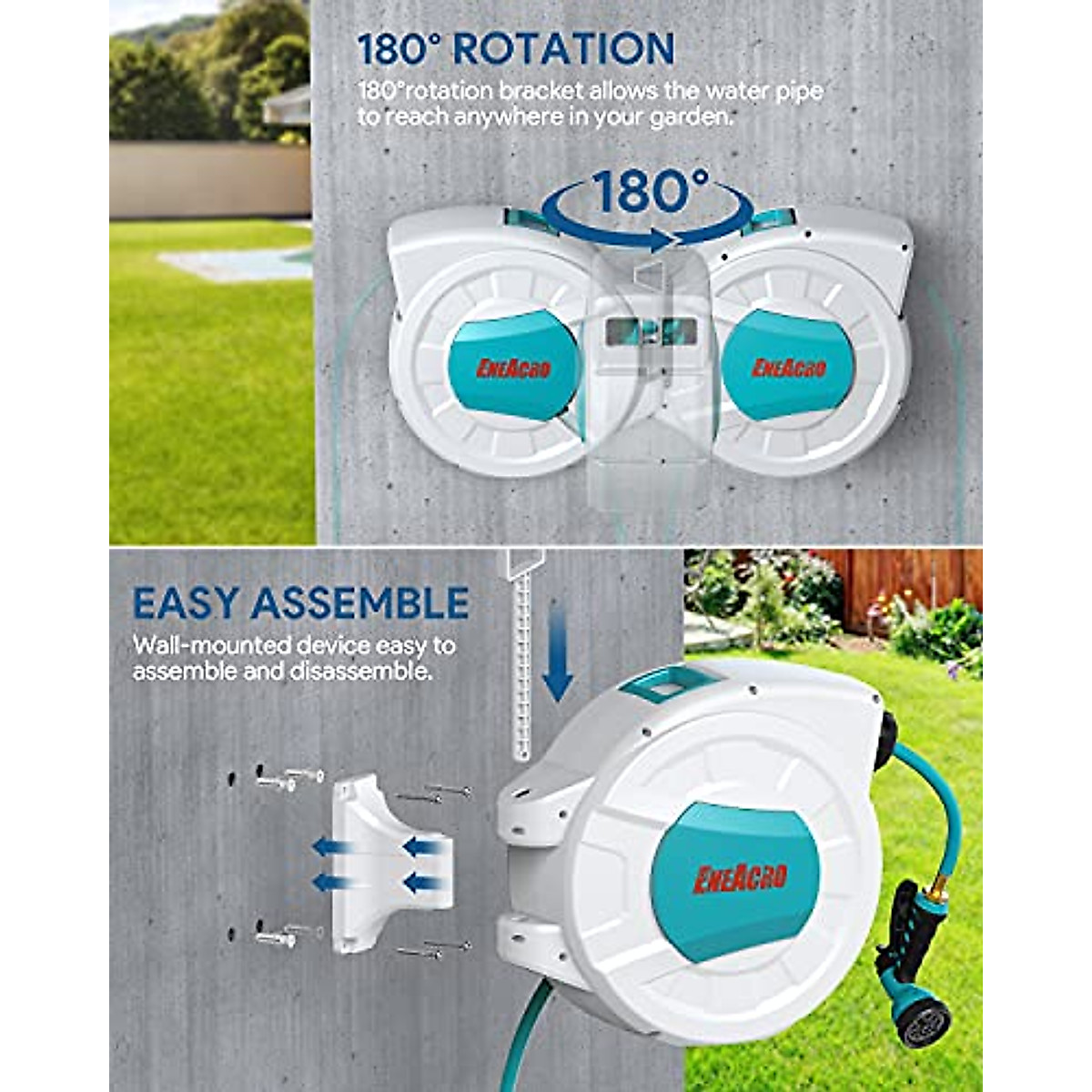 ENEACRO Retractable Garden Hose Reel with Wall Mount 1/2"×100ft with 9 Pattern Hose Nozzle, Brass Connector, Auto Rewind/Any Length Lock/ 180° Swivel Bracket, Ideal for Garden Watering