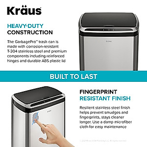 Kraus GarbagePro Rectangular 13 Gallon Hands-Free Motion Sensor Trash Can Battery Operated in Fingerprint Resistant Stainless Steel Finish with SoftShut Touchless Lid, KTCS-10SS