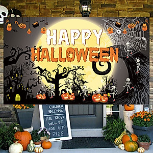 Famoby Happy Halloween Theme Fabric Sign Poster Banner Backdrop with Pumpkin,Ghouls, bat,spide,Moon for Halloween Photo Booth Background Party Decoration