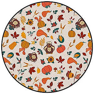 Thanksgiving Area Rug Round Diameter 3.3ft, Decorative Floor Carpets Circle Mats, Washable Felt Rugs for Bedroom, Living Room, Nursery, Office, Pumpkin Maple Leaf Scarecrow Owl Fall