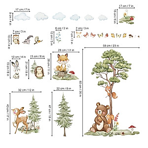 wondever Woodland Animals Wall Stickers Large Pine Tree Forest Bear Deer Fox Peel and Stick Wall Art Decals for Baby Nursery Kids Bedroom Playroom