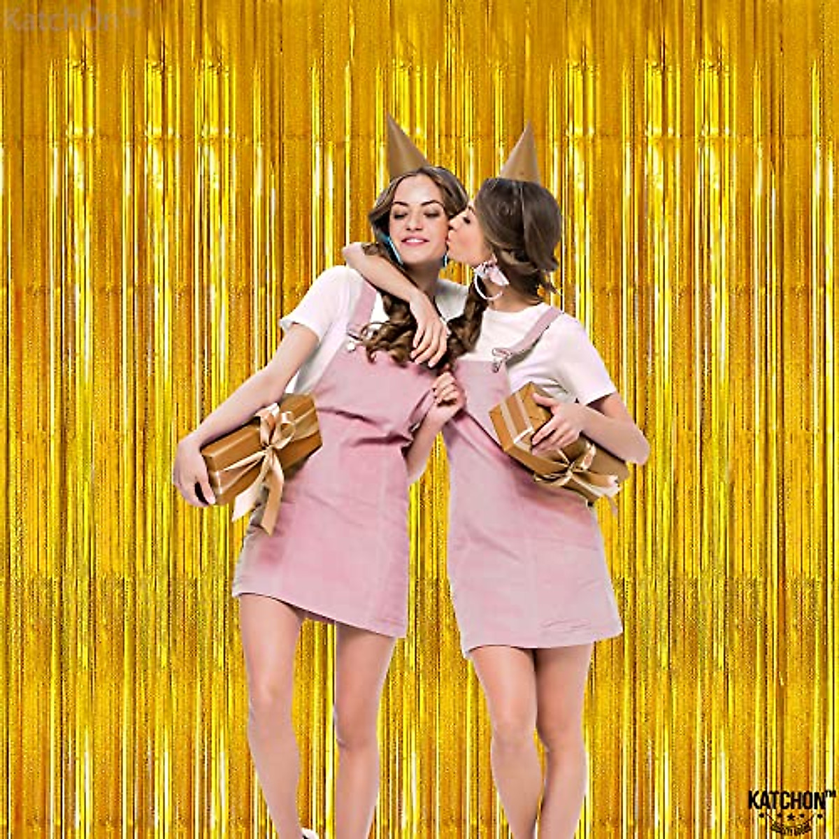 KatchOn, Iridescent Gold Fringe Curtain Backdrop - XtraLarge, 6.4x8 Feet, Pack of 2 | Gold Foil Curtains | Gold Streamer Backdrop Curtain, Gold Backdrop Curtain for Gold Streamers Party Decorations