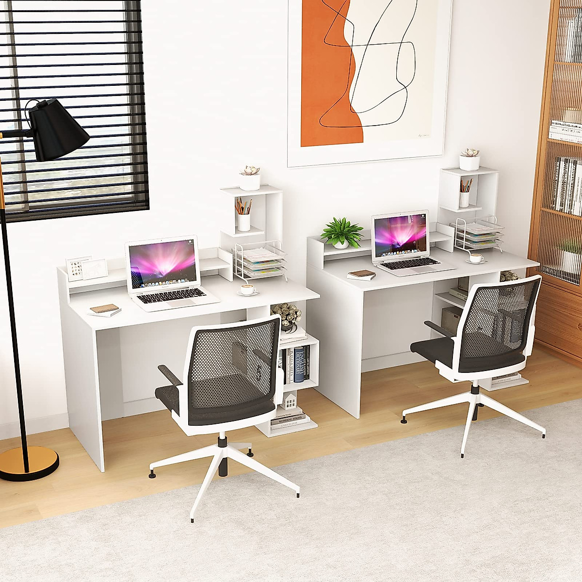 Tangkula White Desk with Storage Bookshelf & Hutch, 48” Modern Home Office Desk with 8 Storage Shelves, Space Saving Writing Study Desk for Bedroom, Compact Computer Workstation for Home