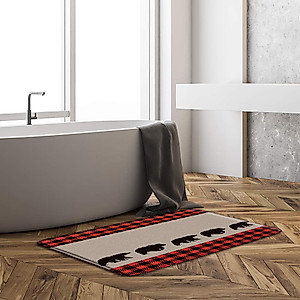 LIVEFUN Black Bear Plaid Bath Mat Camping Cabin Wildlife Bear Silhouettes Red Black Buffalo Check Vintage Farm Rustic Microfiber Memory Foam Bathroom Rugs,16X24Inch