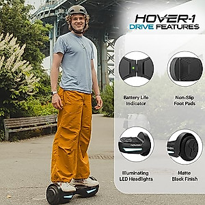 Hover-1 Drive Electric Hoverboard | 7MPH Top Speed, 3 Mile Range, Long Lasting Lithium-Ion Battery, 6HR Full-Charge, Path Illuminating LED Lights, Black