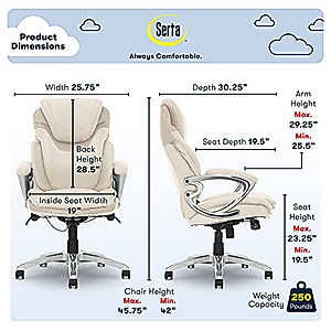 Serta AIR Health and Wellness Executive Office Chair, High Back Big and Tall Ergonomic for Lumber Support Task Swivel, Bonded Leather, Cream