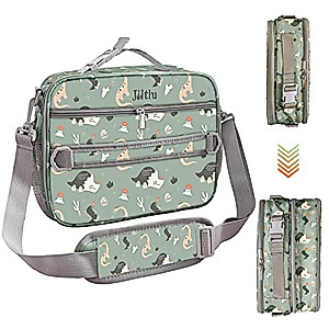 Jiltlu Kids Insulated Lunch Bags, Boys Girls Expandable Lunch Box Reusable Leakproof Portable with Removable Shoulder Strap for School Office Picnic-Olive Green-Dino