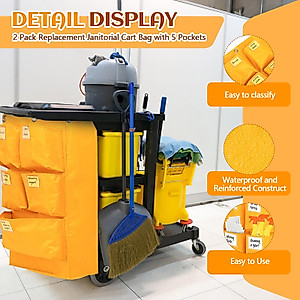 Yoojahow 2 Pack Replacement Cleaning Cart Bag Janitorial Cart Bag with 5 Pockets 25 Gallon Thickened Large Capacity Waterproof Commercial Housekeeping Cart Bag with 6 Brass Grommets, Yellow