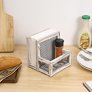 MyGift Whitewashed Solid Wood Farmhouse Napkin Holder with Salt and Pepper Shaker Caddy, Dining Table Napkin and Seasoning Condiment Holder with Metal Mesh Accent