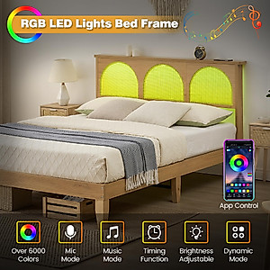 GAOMON Queen Bed Frame with Natural Rattan Headboard, Queen Size Platform Bed Frame with LED Lights and Rattan Headboard, Wooden Support Legs, No Box Spring Needed, Easy Assembly
