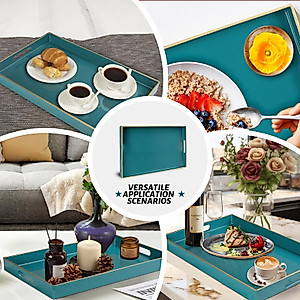 MAONAME Teal Serving Tray with Handles, Modern Decorative Tray for Coffee Table, Plastic Rectangular Tray for Ottoman, Bathroom, Decor, 15.75” x 10.2” x1.57