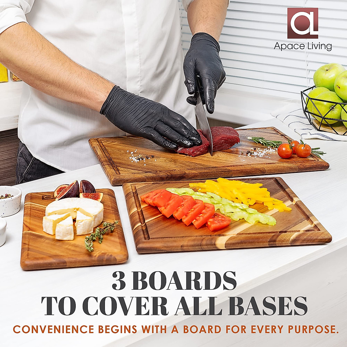 Chorus Wood Cutting Board Set with Juice Groove (3 Pieces) - Acacia Wood Kitchen Cutting Boards, Chopping Board for Meat (Butcher Block), Vegetables, Cheese - 100% Natural Hardwood