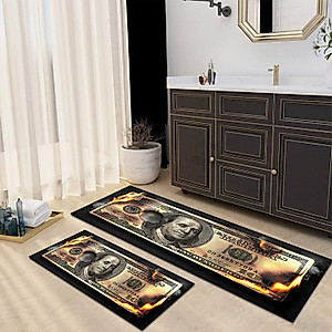 DVKKHD Money Kitchen Rugs Washable Burning 100 Dollar Bill Bathroom Rug Set 2 Piece Modern Kitchen Mats for Floor Non Skid Entryway Rug for Bedroom Home Decor Carpet Runner 17.7”x29.5”+17.7”x59”
