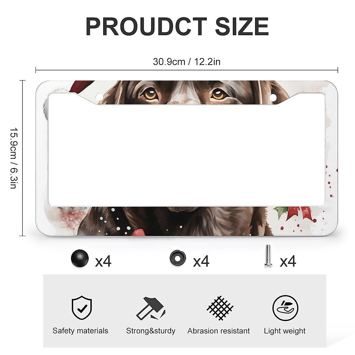 Chocolate Labrador Santa Hat Christmas License Plate Cover 2 Pack Xmas Lovely Dogs Car Accessories for US Standard Vehicles for Women Men 2 Round Holes Aluminum License Plate Frames