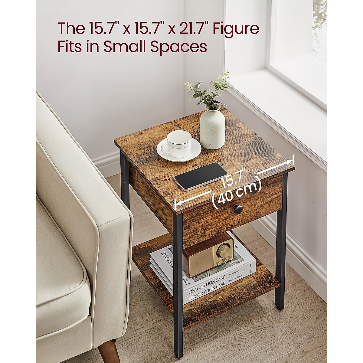 VASAGLE Nightstands Set of 2, Bedside Tables with Drawer, Side Tables, End Tables, for Bedroom, Office, Industrial, Stone Gray and Black ULET506B04