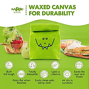 Rarr! Goods - T-Rex Bite Waxed Canvas Lunch Bag, Cute Reusable Lunch Bag for Kids, Long-Lasting Waterproof Lunch Bag, Large-Sized Waxed Lunch Bag, 9 x 14 x 6.3 inches, Green - Kids 3 and up