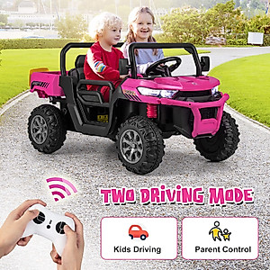 OLAKIDS 2 Seater Ride On Car, 12V Off-Road UTV Electric Vehicle with Remote Control, Dump Bed, Extra Shovel, Music, USB, AUX, Rocking Function, Kids Toddlers Battery Powered Truck (Pink)