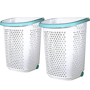 CEPTEN 2 Bushel Rolling Plastic Laundry Hamper with Pop-up Handle, White, 2 Pack