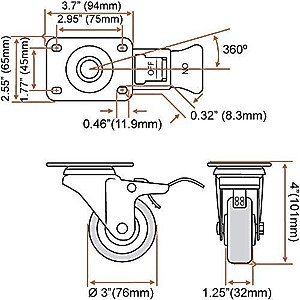 8 Pack 3 Inch Combo Caster Swivel Plate 4 w/Brake & 4 Plate Heavy Duty on Red PU Wheels with Heavy Duty Screws