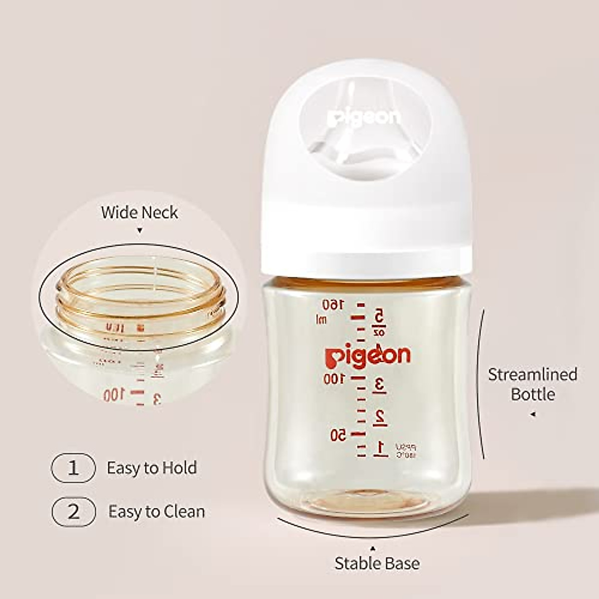 Pigeon PPSU Nursing Bottle Wide Neck, Streamlined Body, Natural Feel, Easy to Clean, White, 5.4 Oz (Pack of 2）