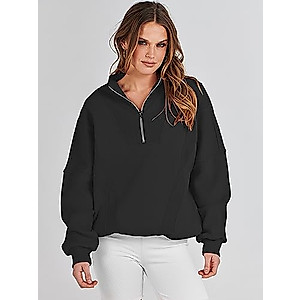 Caracilia Womens Half Zip Sweatshirts Long Sleeve Oversized Cute Hoodies Teen Girls Y2K Fall Winter Trendy Quarter Zip Loose Fit Outfits Sweater 2023 Fall Fashion C115A1-heise-XL Black
