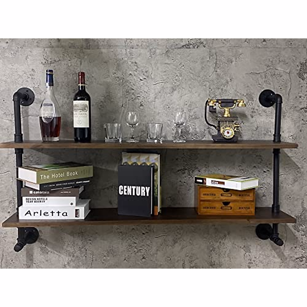 Industrial Pipe Wall Shelves Pipe Shelving with Real Wood Plank ,36 Inches Floating Shelves for Wall Farmhouse Pipe Book Shelves Dark Brown 2 Tier for Kitchen,Living Room Decor and Bar Shelving