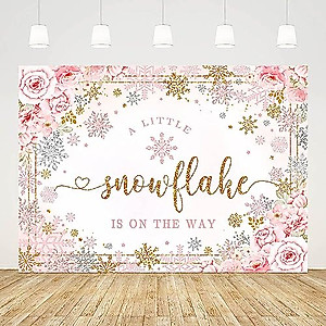 AIBIIN 7x5ft Winter Baby Shower Backdrop for Girls A Little Snowflake is on The Way Baby Shower Photography Background Pink Floral Gold Snowflake Baby Shower Party Decorations Supplies Banner