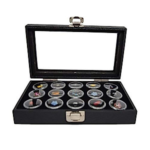 Novel Box Medium Glass Top Black Leatherette Jewelry Display Case + 15 Count Jar Insert Tray in Black + Custom NB Pouch