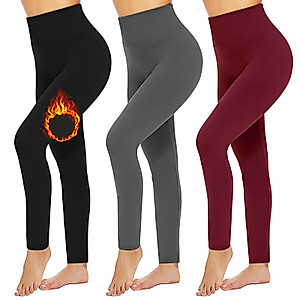 FULLSOFT 3 Pack Fleece Lined Leggings Women High Waisted Workout Winter Warm Thermal Yoga Pants(3 Pack Black,Dark Grey,Wine Red,Large-X-Large)