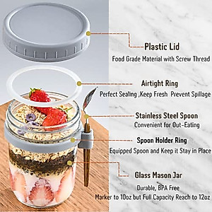 Mason Jars for Overnight Oats, Overnight Oats Container with Lids, Spoon,Upgrade Fixed Silicon Spoon Clip and Open-Type Ring,10 Oz Airtight Oatmeal Glass Jars for Meal Prep Yogurt Parfait On The Go