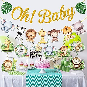 Safari Baby Shower Decorations for Boy, NO-DIY Jungle Baby Shower Decorations for Boy Include Safari Birthday Banner and Hanging Swirls, Animal Baby Shower Decorations, Jungle Party Decorations