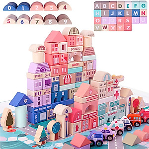 CICITOYWO Wooden Building Blocks Set Wood Kids Construction Stacker Stacking Preschool Learning Educational Preschool Toys Kit for Toddler 3+ Year Old Boy and Girl Gifts