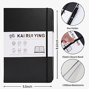 KaiRuiYing Journal Notebook with Pen Holder, A5 Hardcover Notebooks for Work, College Ruled Notebook for School, Lined Journal for Writing, 100Gsm Premium Thick Paper with Inner Pocket, Medium 5.7"x8.4" (1Pack, Black)