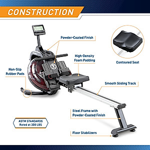 Marcy Pro Water Resistance Rower Rowing Machine for Home Gym LCD Monitor Tracks Time Distance Strokes and Calories NS-6023RW, Black/red/Silver