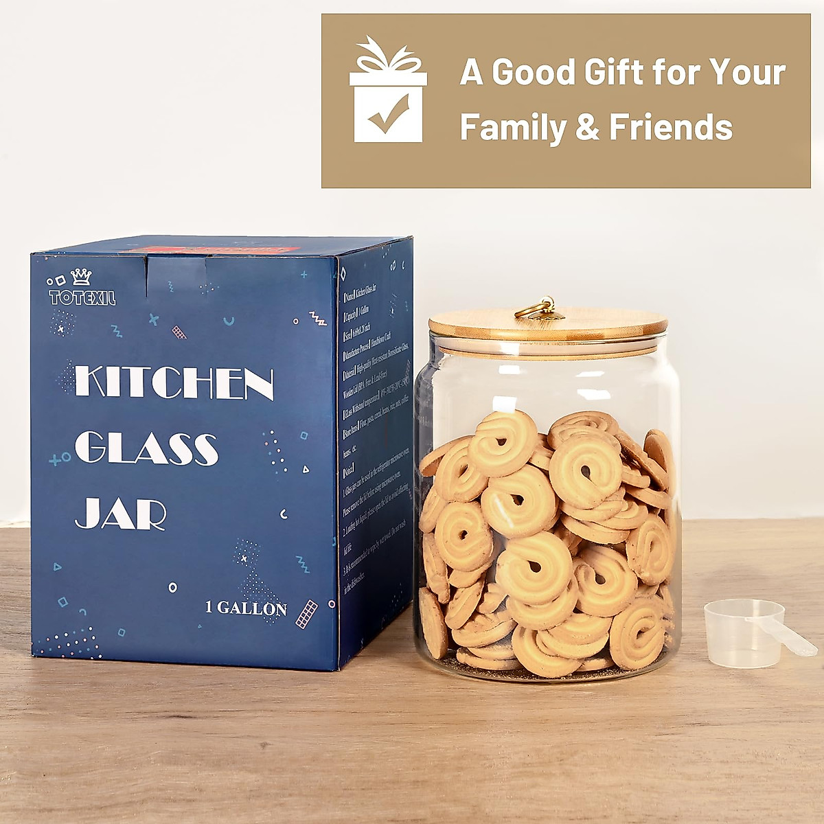 Totexil Large Glass Jars, 1 Gallon Thicken Glass Food Storage Jars with Bamboo Lids, Airtight Glass Canisters with Mental Handle, Kitchen Storage Containers for Cookie, Flour, Rice, Coffee Beans,Nuts