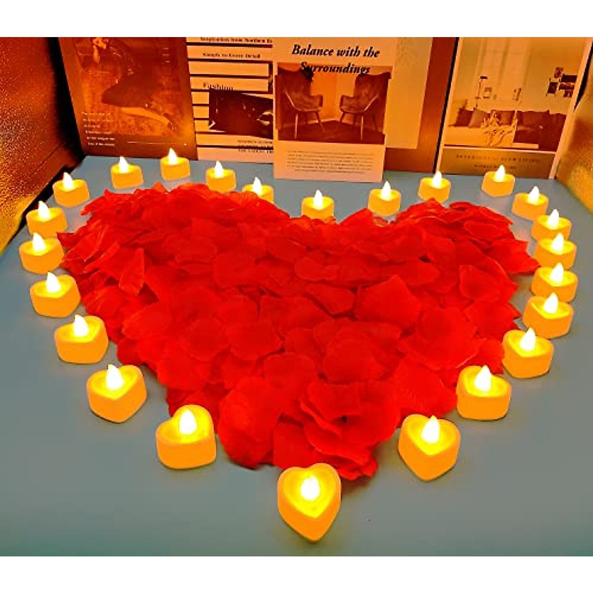 Proyatech LED Candles 24 Packs Flameless Tea Lights with 1000 Packs Artificial Rose Petals for Wedding Romantic Night Valentine's Day Decor（Warm