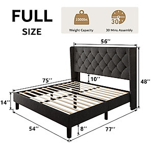 iPormis Full Size Platform Bed Frame with Button Tufted Headboard, Upholstered Bed Frame with Solid Wooden Slats, 8" Underbed Space, No Box Spring Needed, Noise Free, Easy Assembly, Dark Gray