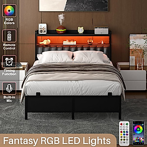 Homieasy Full Size Bed Frame with Charging Station, Adjustable Upholstered Faux Leather Headboard, Industrial Platform Bed with LED Lights, Steel Slat Support, No Box Spring Needed, Black