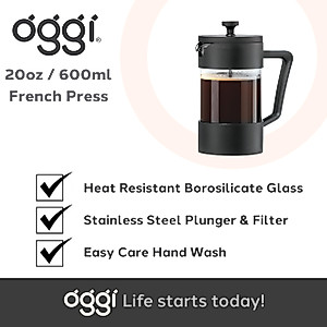 Oggi Borosilicate Glass French Press Coffee Maker (20oz)- 5 Cup Capacity, Coffee Press, Single Serve Coffee Maker, Stainless Steel Lid & Plunger, Make Great Coffee Gifts