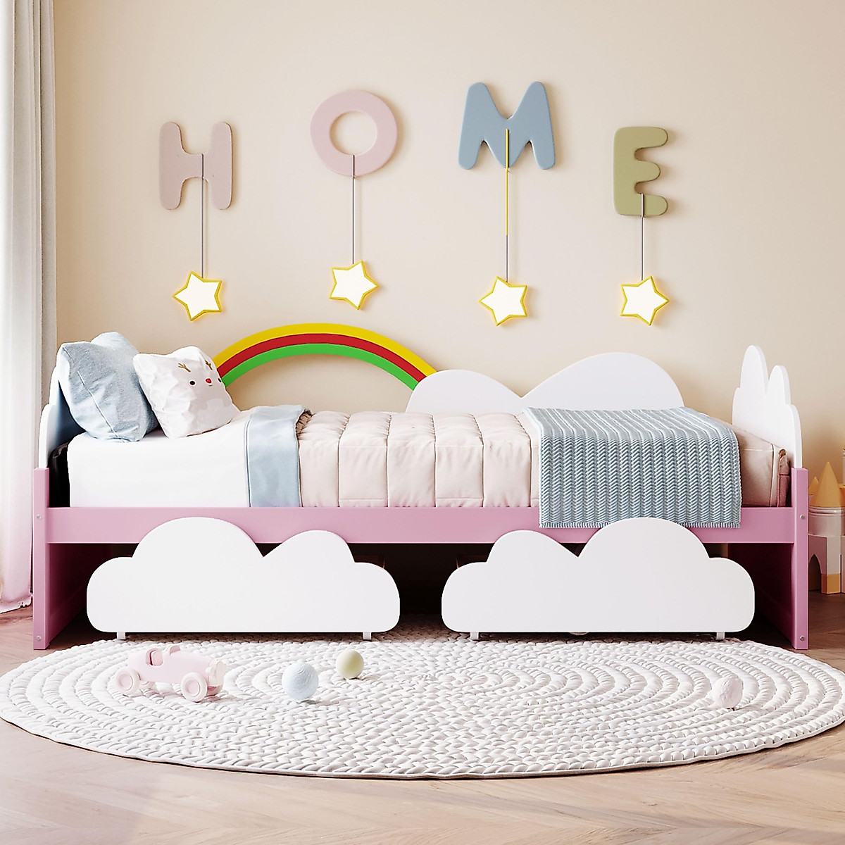 Harper & Bright Designs Twin Size Daybed with 2 Storage Drawers, Wood Kids Twin Bed Frame with Clouds and Rainbow Decor, Twin Storage Bed Frame for Kids Girls Boys, No Spring Box Required, White+Pink