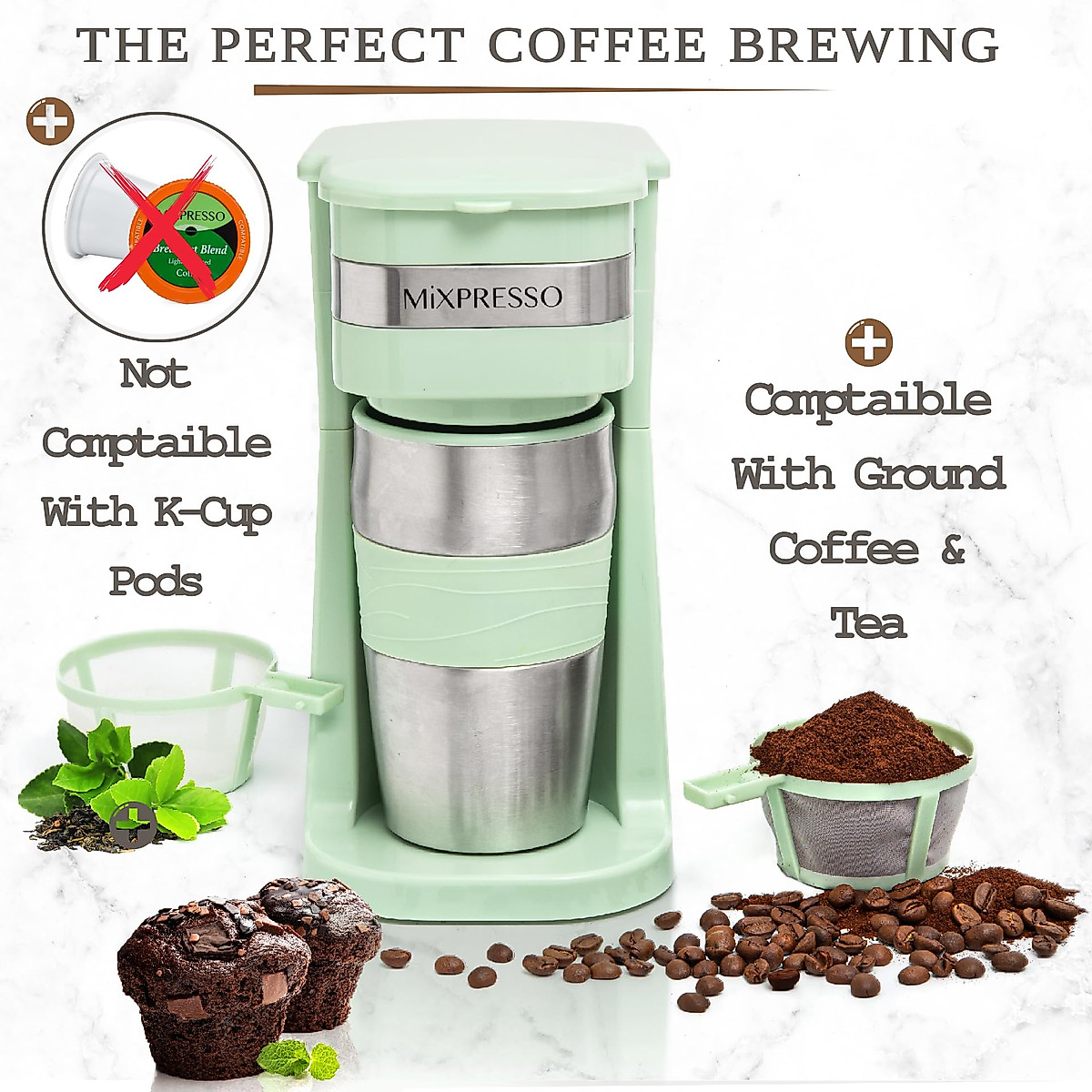 Mixpresso Personal Single Serve Coffee Maker & 14oz Travel Mug, Drip Coffee Brewer & Tumbler, Auto Shut Off & Reusable Filter, Green Coffee Maker Compatible with Coffee Grounds