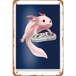 Decorative 8x12 inch vintage metal tin signage Axolotl Fish Playing Video Game Axolotl Lizard Gamers Poster Poster Creative Tin Sign Novelty Metal Retro Wall Decor For Home Gate Garden Bars Restaurants Cafes Office Store Pubs Club Gift 12 X 8 Inche Plaque