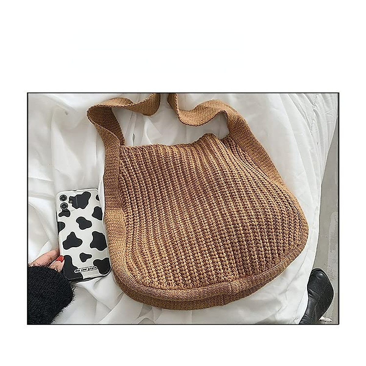 Fairy Grunge Crochet Tote Bag Knitted Hobo Bag Aesthetic Shoulder Bag Trendy Purse Fairycore Accessories for women (Khaki)